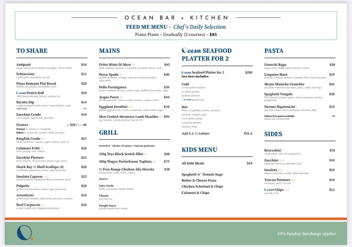 Menu at Ocean Bar and Kitchen, Henley Beach