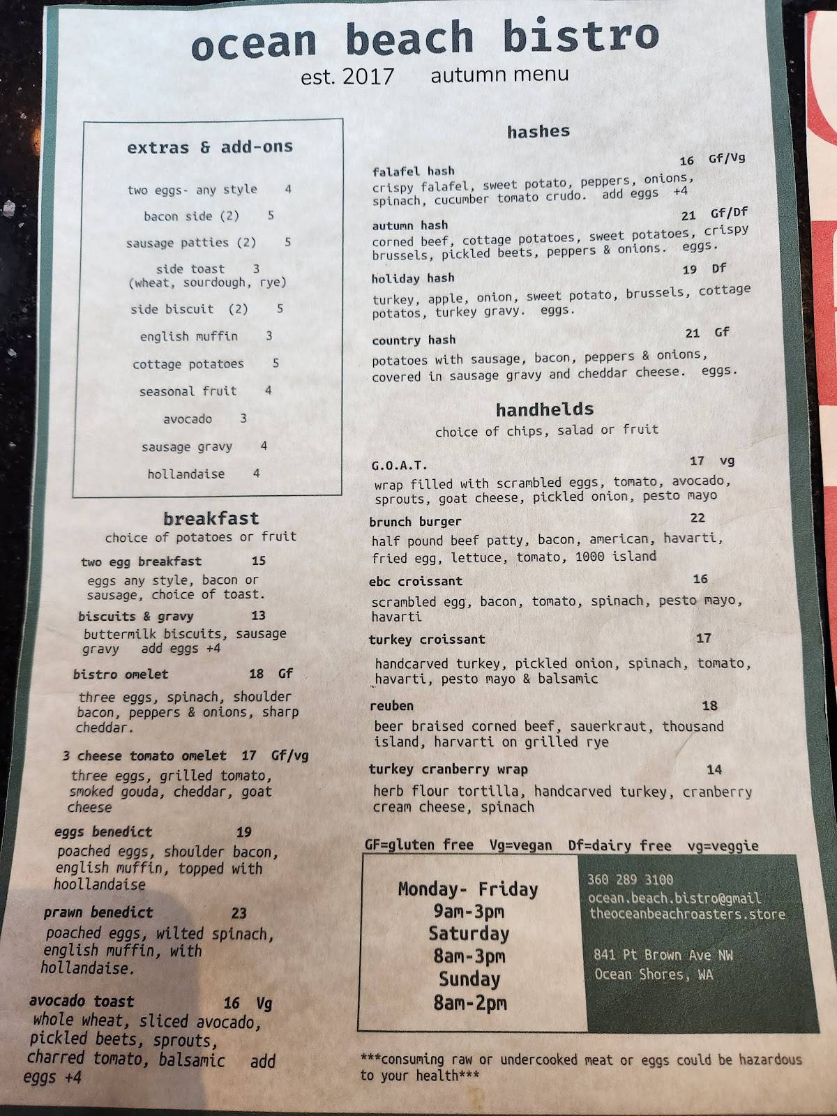 Menu at Ocean Beach Roasters pub & bar, Ocean Shores