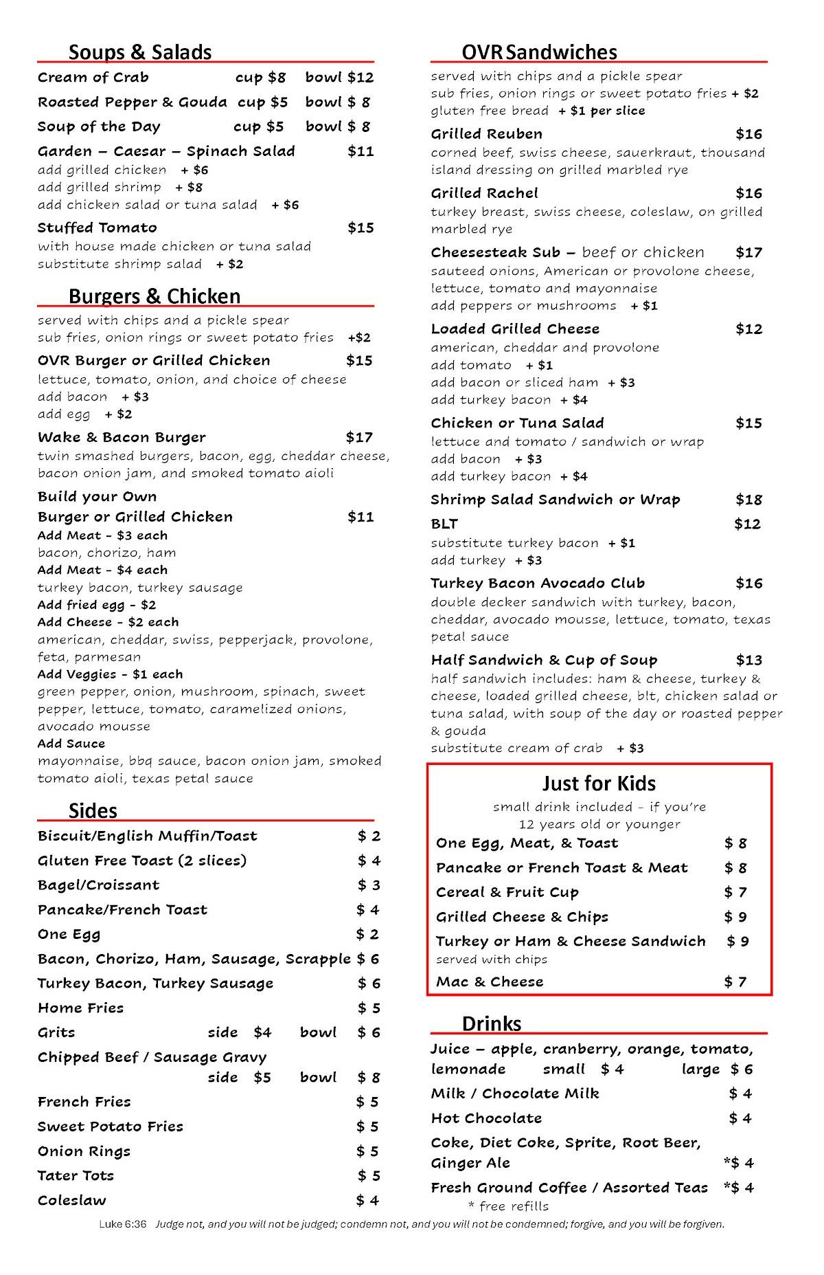 Menu at Ocean View Restaurant, Ocean View, 42 Atlantic Ave