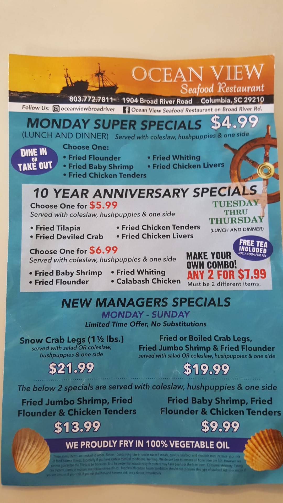 Menu at Ocean View Seafood Restaurant, Columbia, Broad River Rd