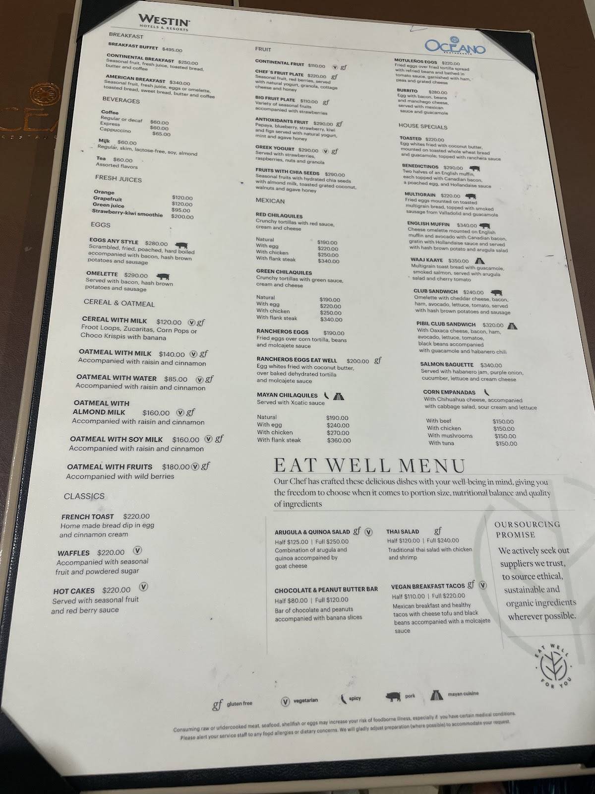 Menu at Oceano Restaurant, Cancún, El Rey