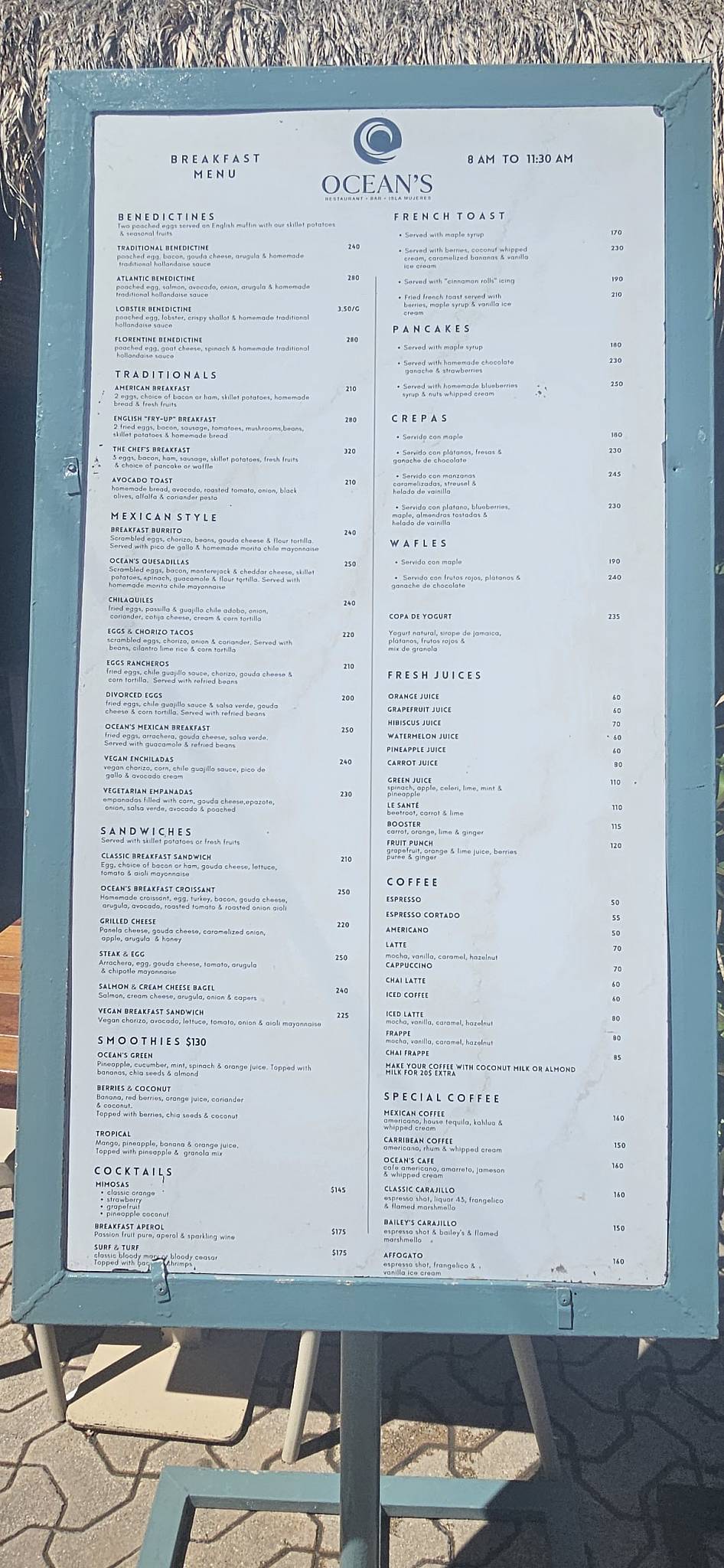 Menu at Ocean’s restaurant, Isla Mujeres