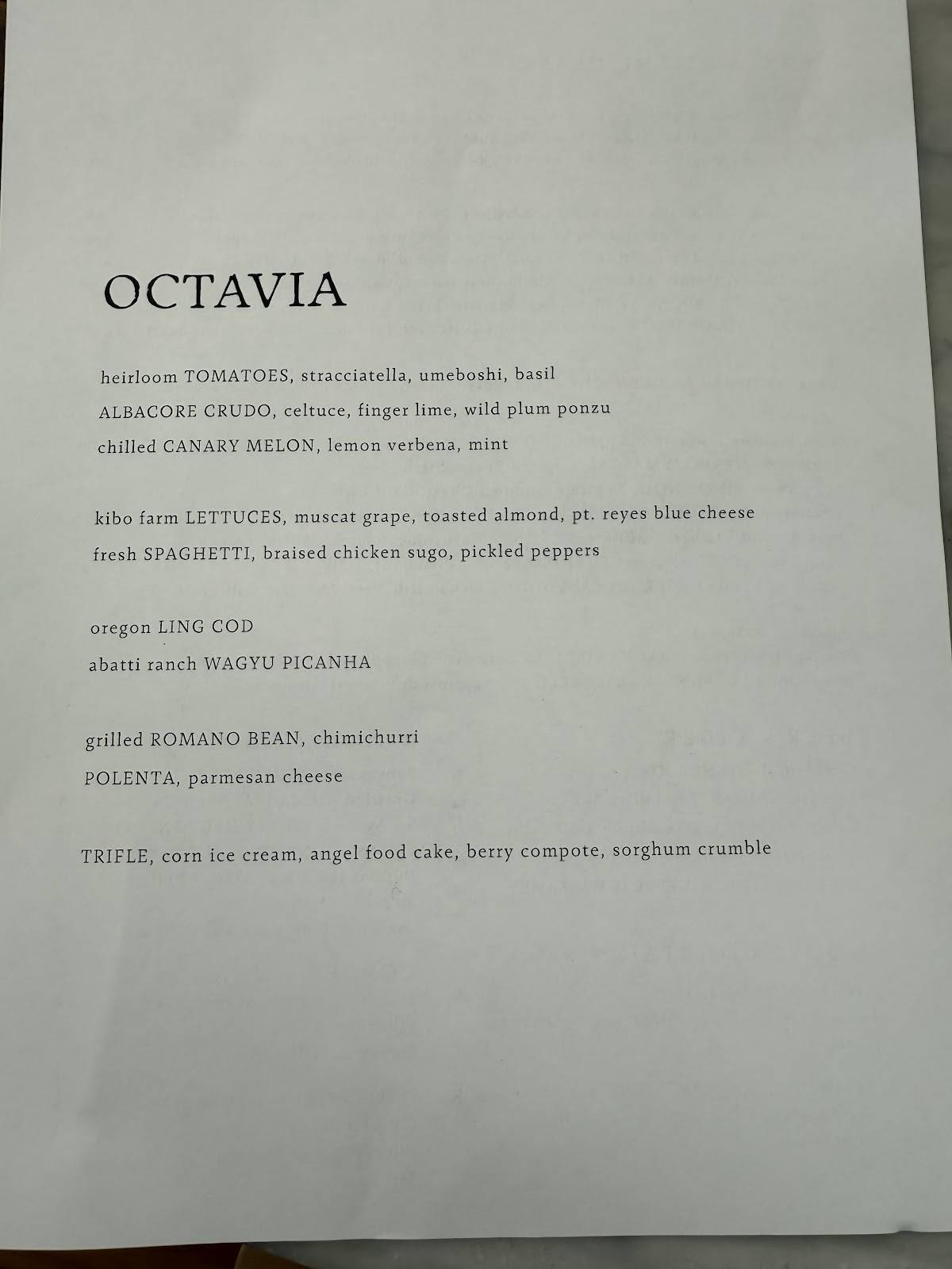 Menu at Octavia restaurant, San Francisco