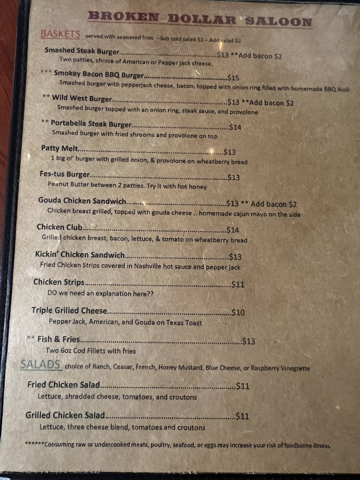Menu at Broken Dollar Saloon restaurant, Odessa