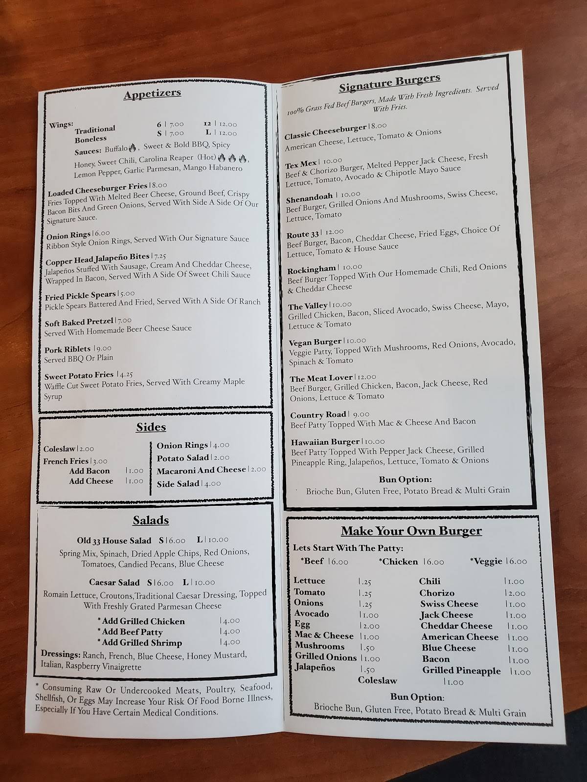Menu at Old 33 Beer & Burger Grill, Inc. pub & bar, Elkton