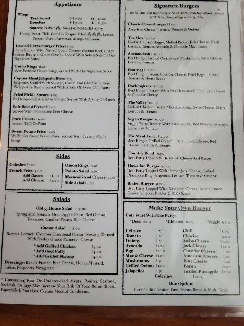 Menu at Old 33 Beer & Burger Grill, Inc. pub & bar, Elkton