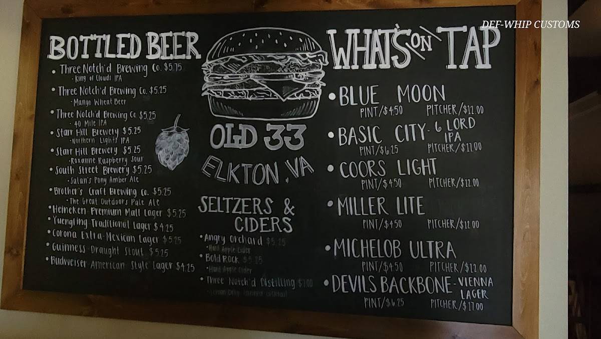 Menu at Old 33 Beer & Burger Grill, Inc. pub & bar, Elkton