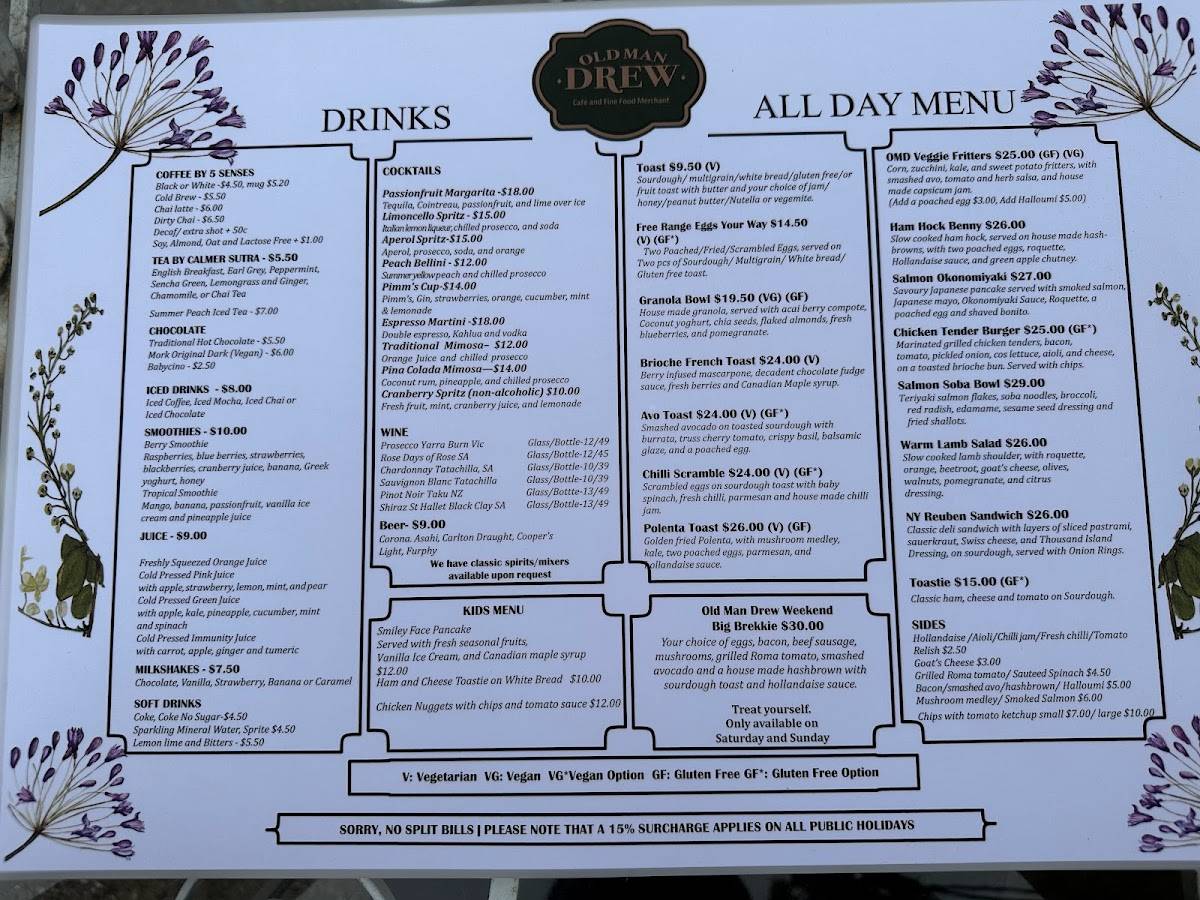 Menu at Old Man Drew cafe, Ascot Vale