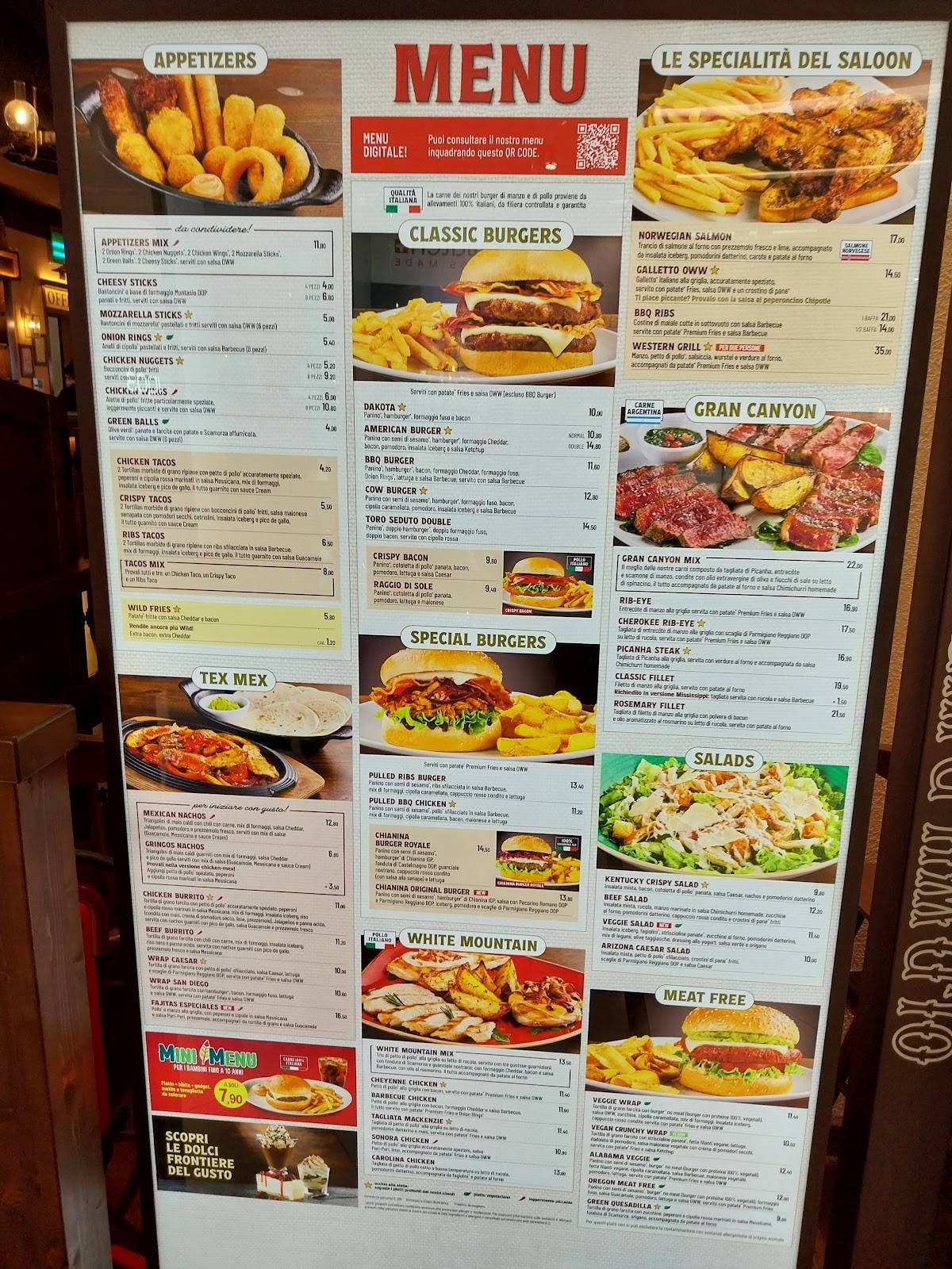 Menu at Old Wild West restaurant, Lugagnano