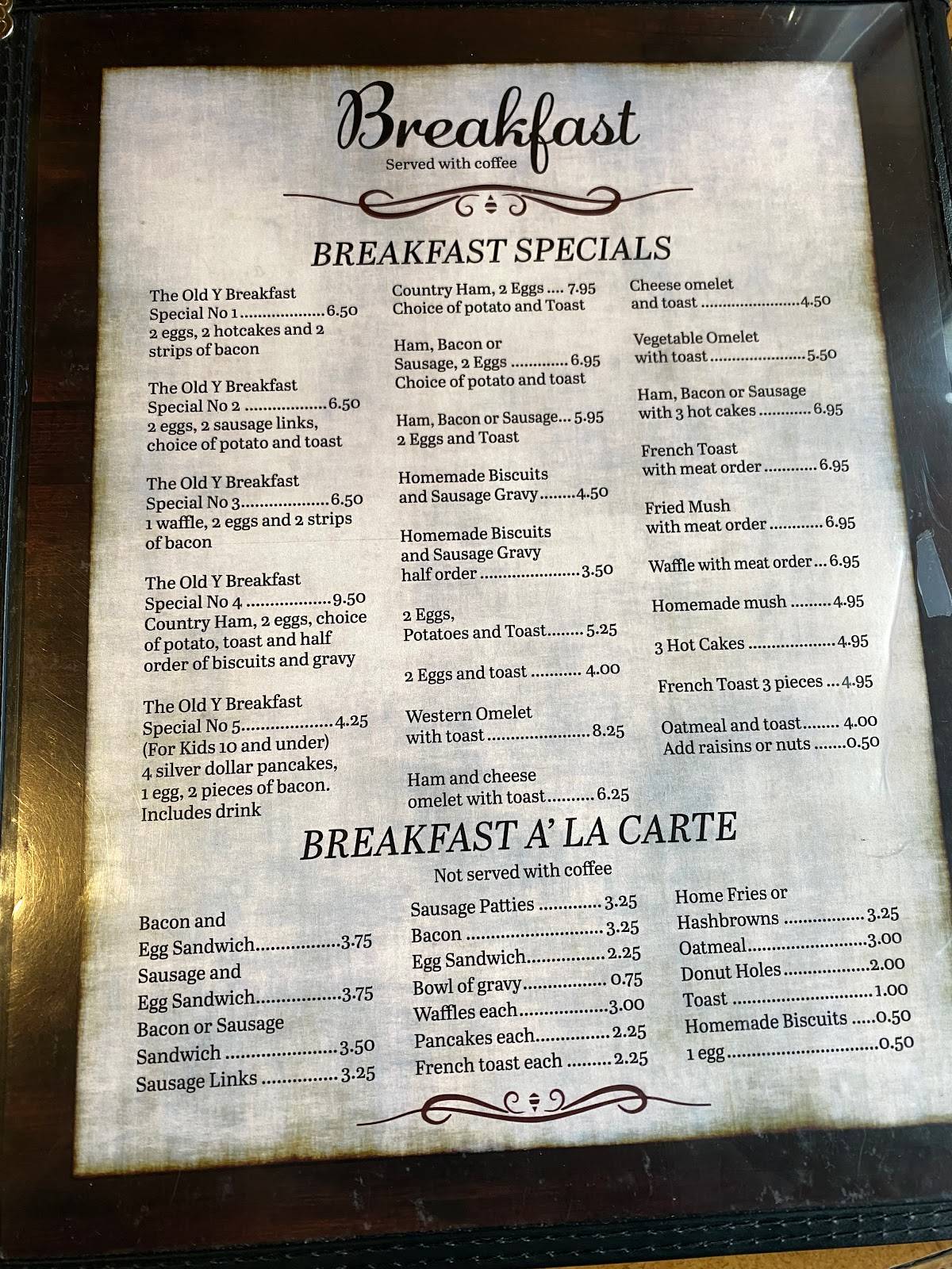 Menu at Old Y Restaurant, USA, US-62