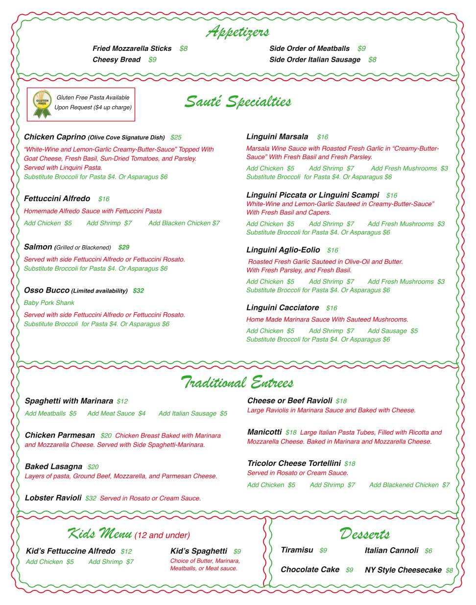 Menu at Olive Cove Italian Kitchen restaurant, Yulee