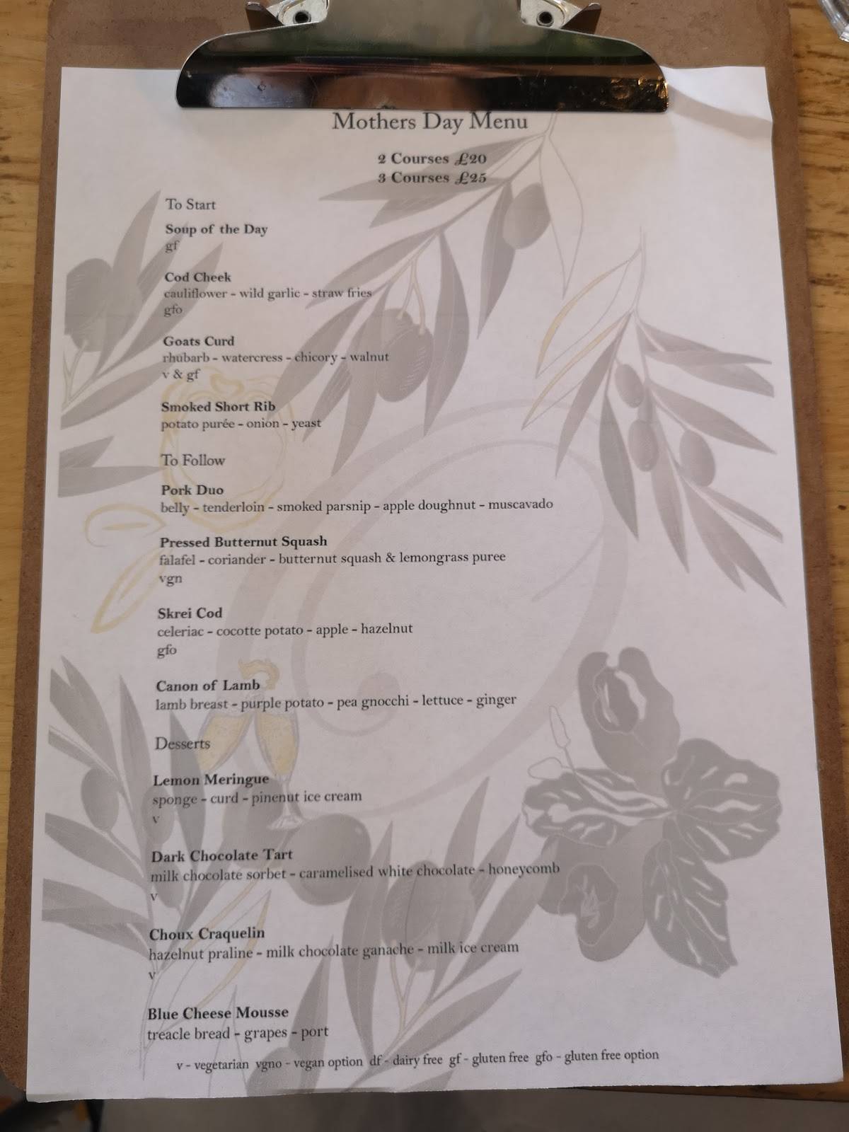 Menu at Olive Tree restaurant, Lichfield