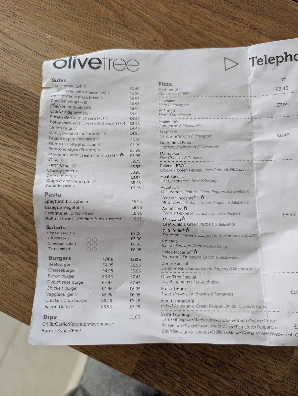 Menu at Olive Tree pizzeria, Acle