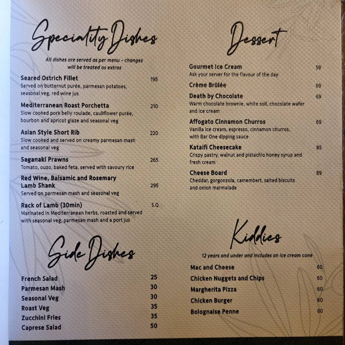 Menu at Olive & Oil restaurant, Durban, Oceans Mall