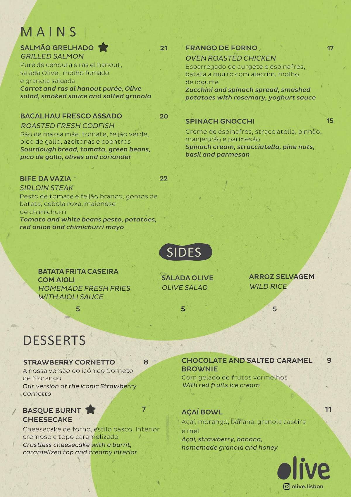Menu em Olive restaurante, Lisboa