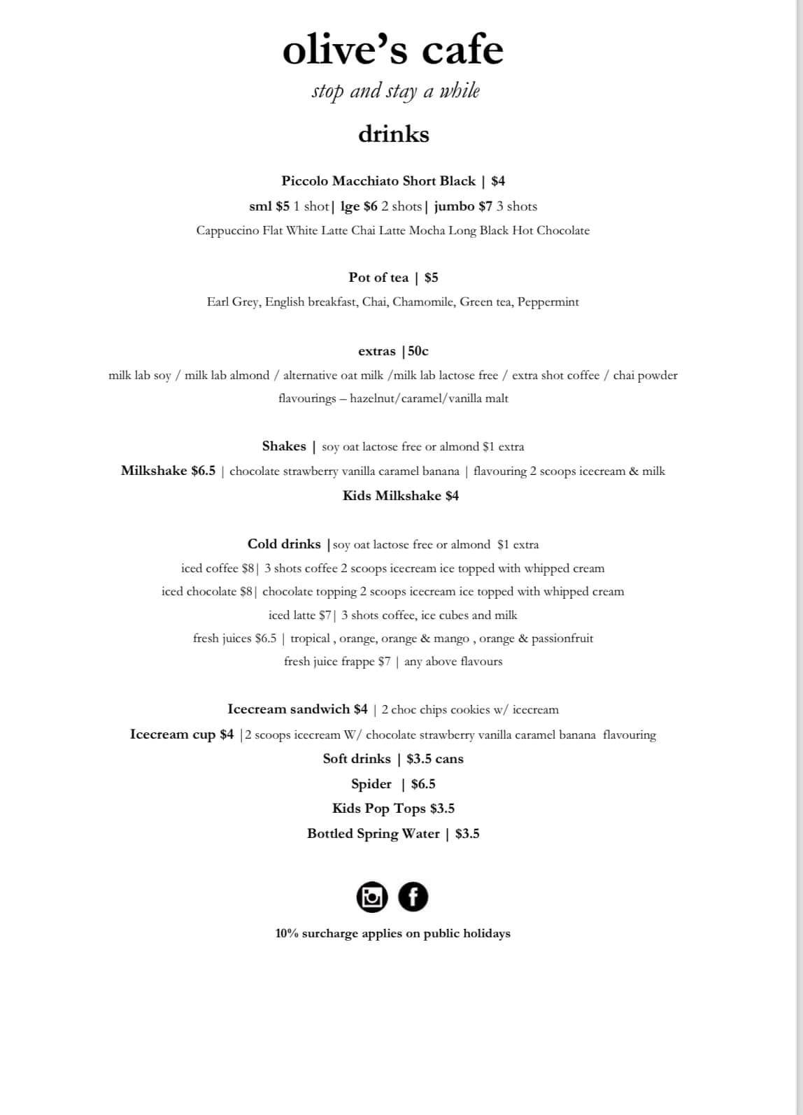 Menu at Olive's cafe, Bellambi