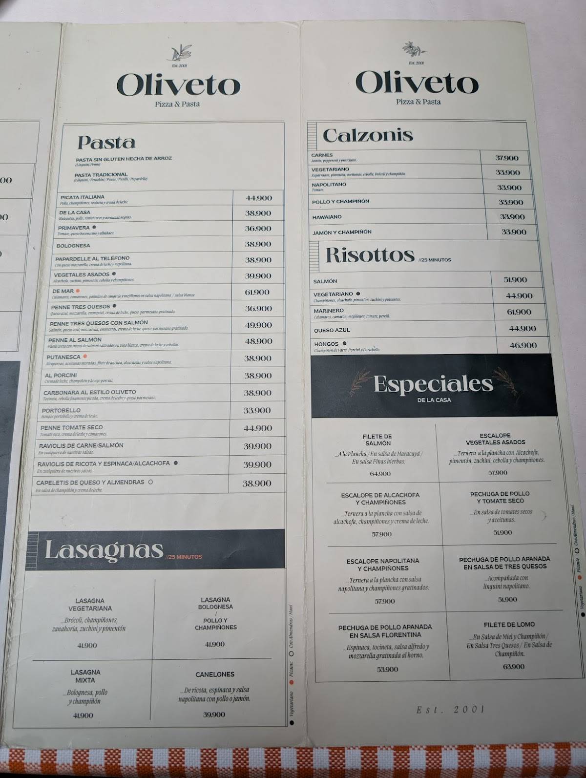 Carta del restaurante Oliveto Pizza & Pasta Parkway, Bogotá, Cl. 41 #22-32