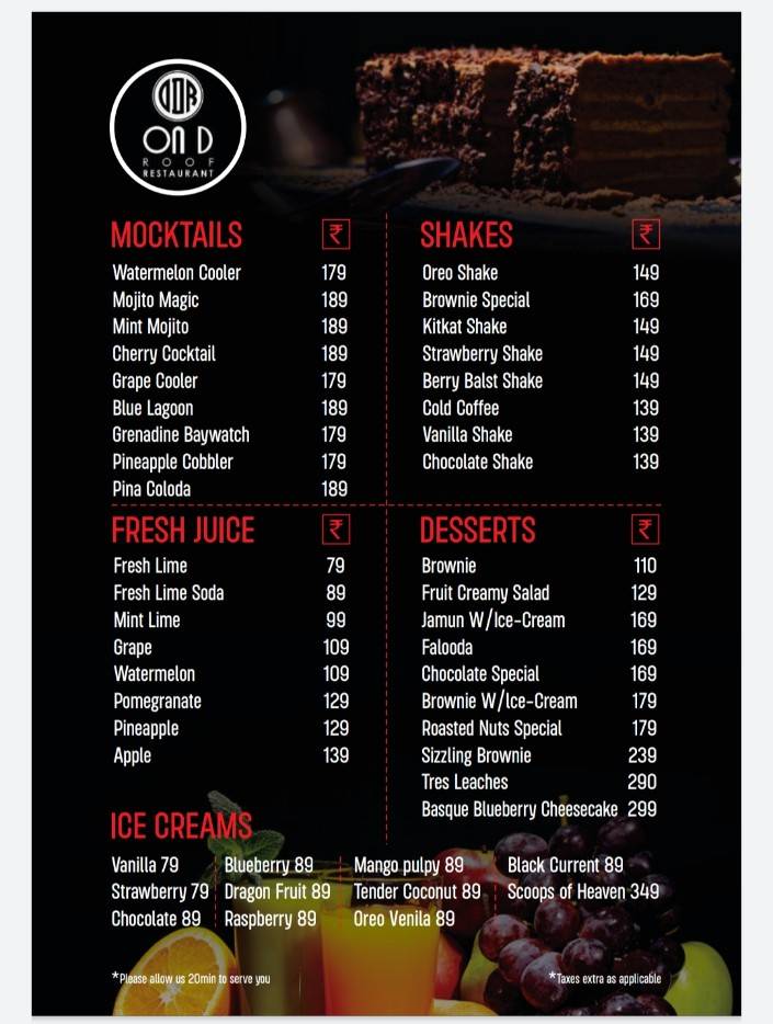 Menu at On DE Roof Restaurant (chennai), Chennai