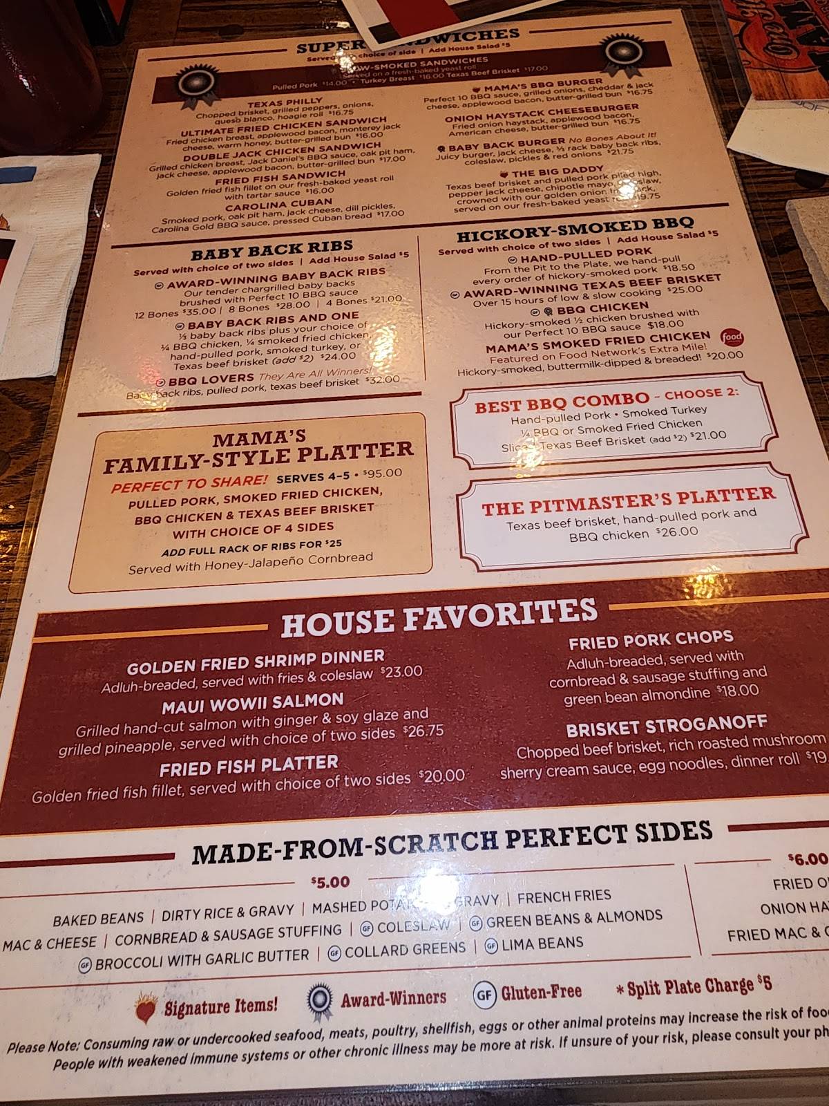 Menu at One Hot Mama's BBQ, Hilton Head Island