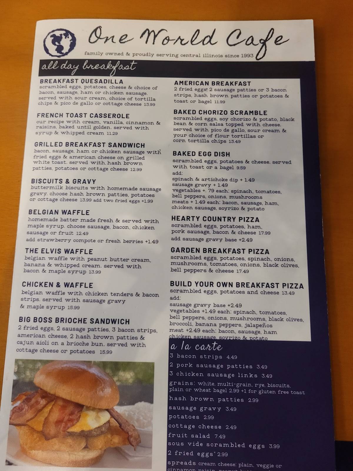 Menu at One World restaurant, Peoria