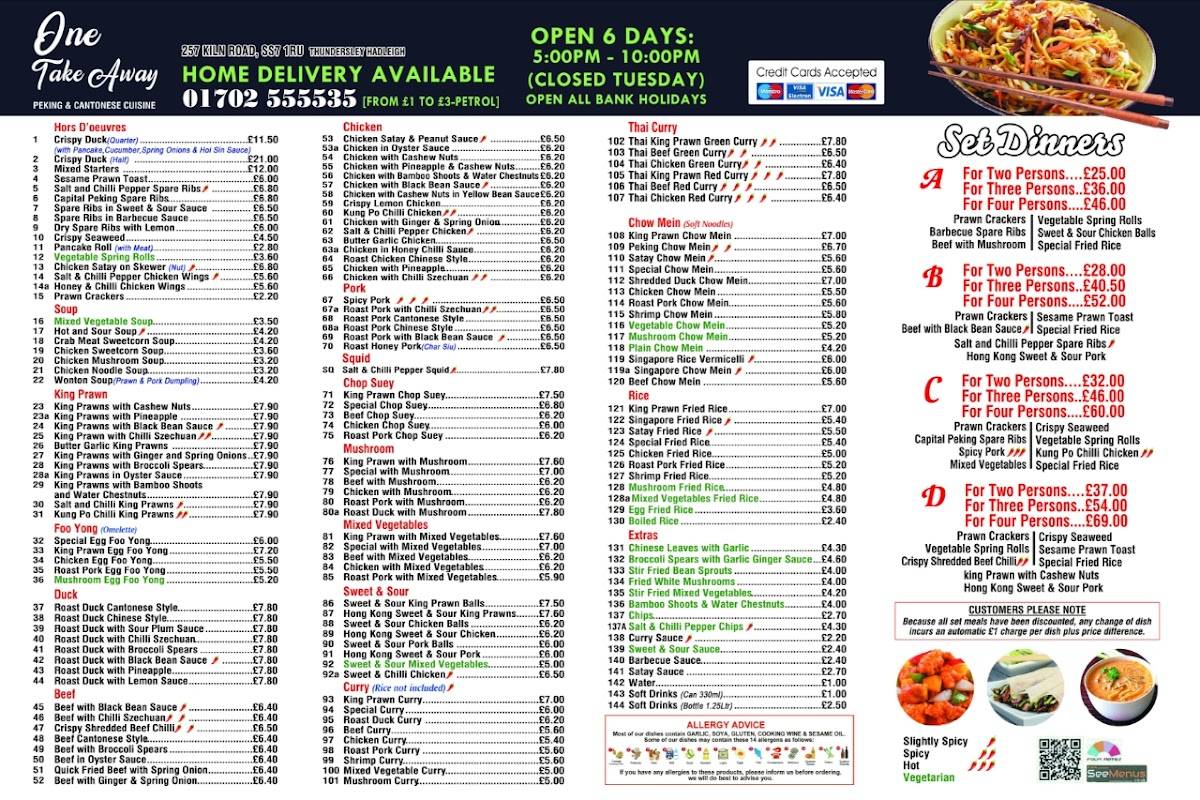 Menu at One restaurant, South Benfleet