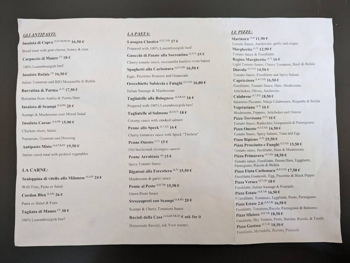 Menu at Onesto restaurant, Luxembourg City
