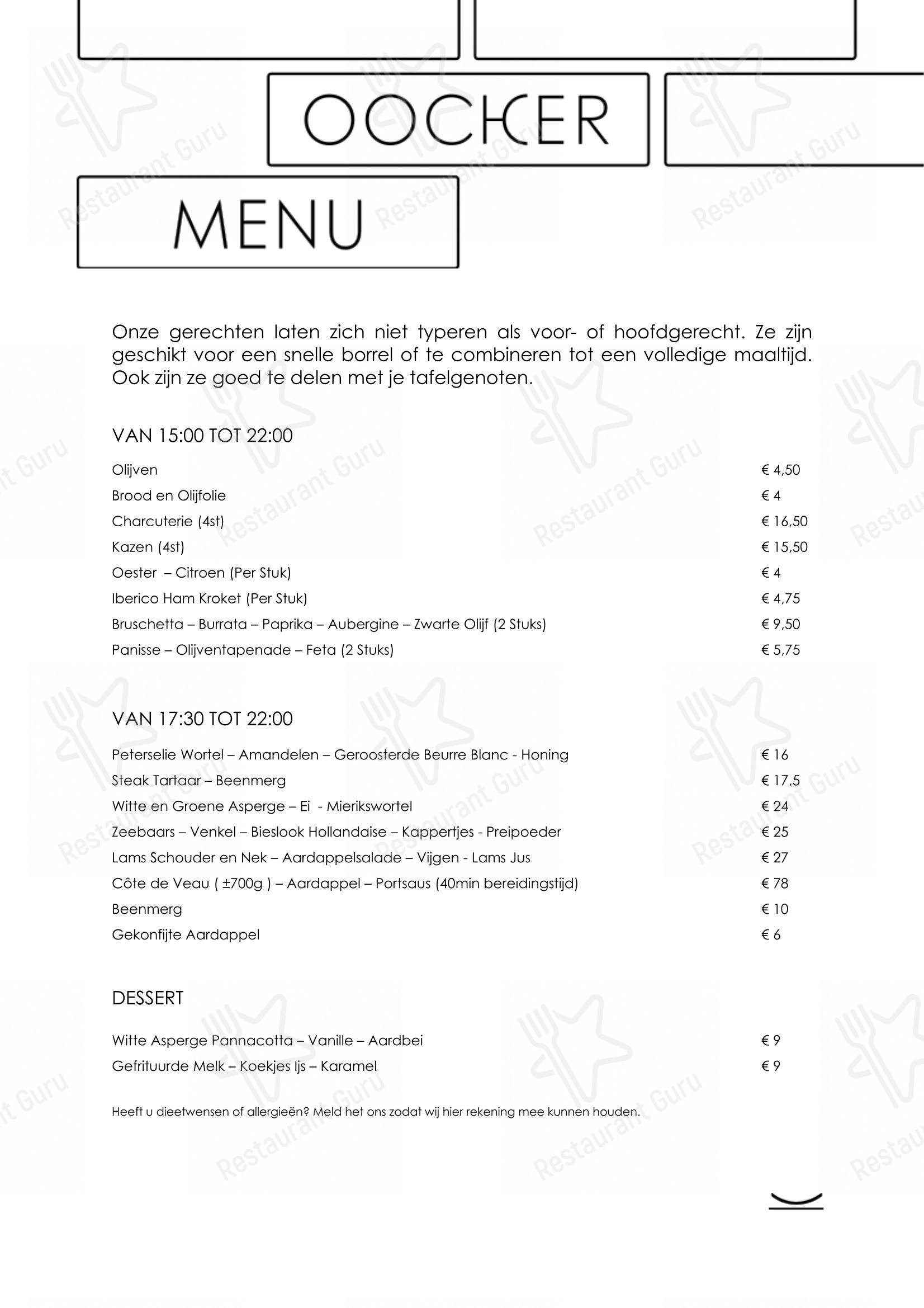 Menu at Oocker, Amsterdam