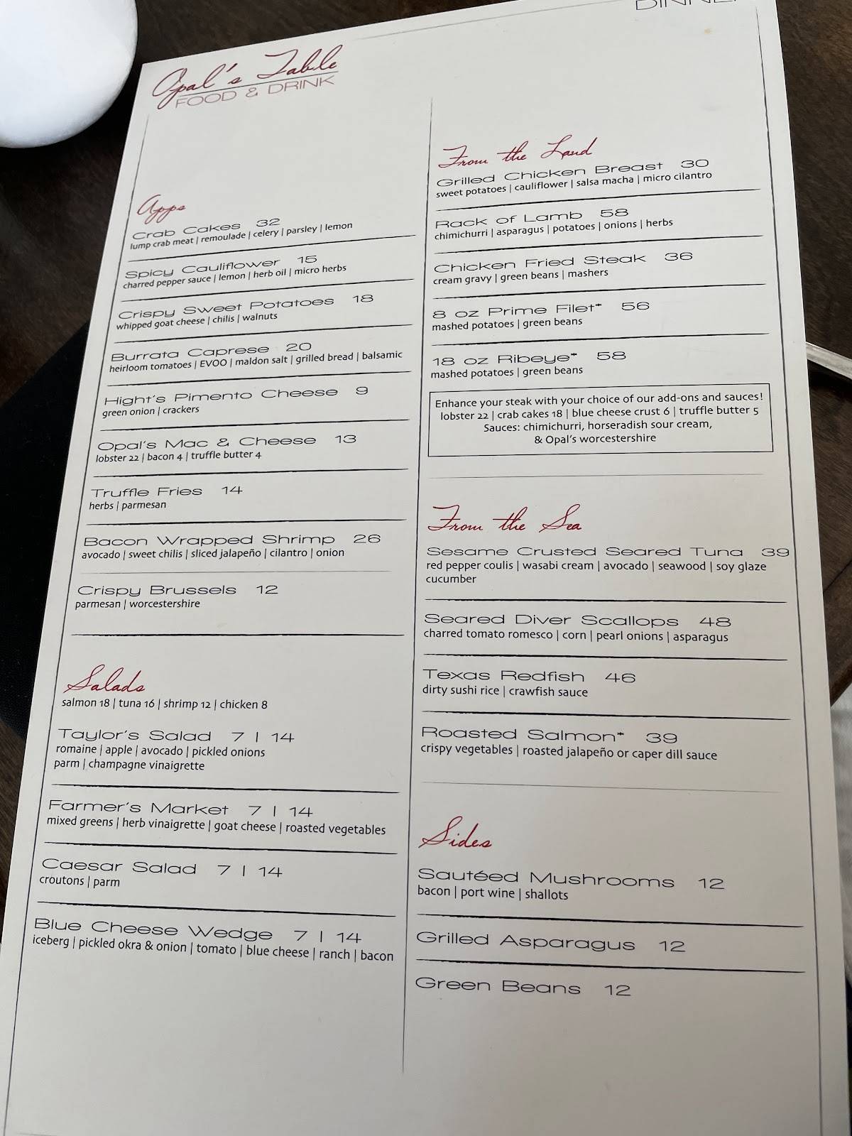 Menu at Opal's Table pub & bar, Midland