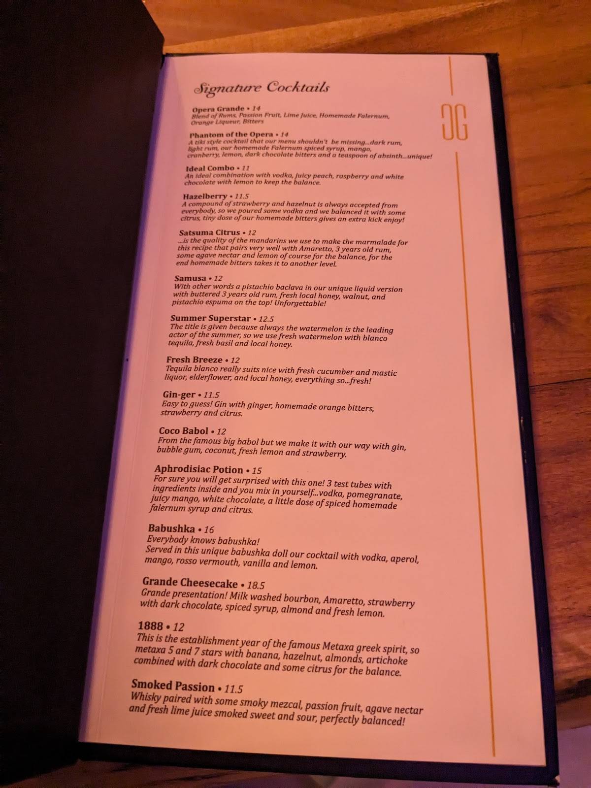 Menu at Opera Grande, Rhodes