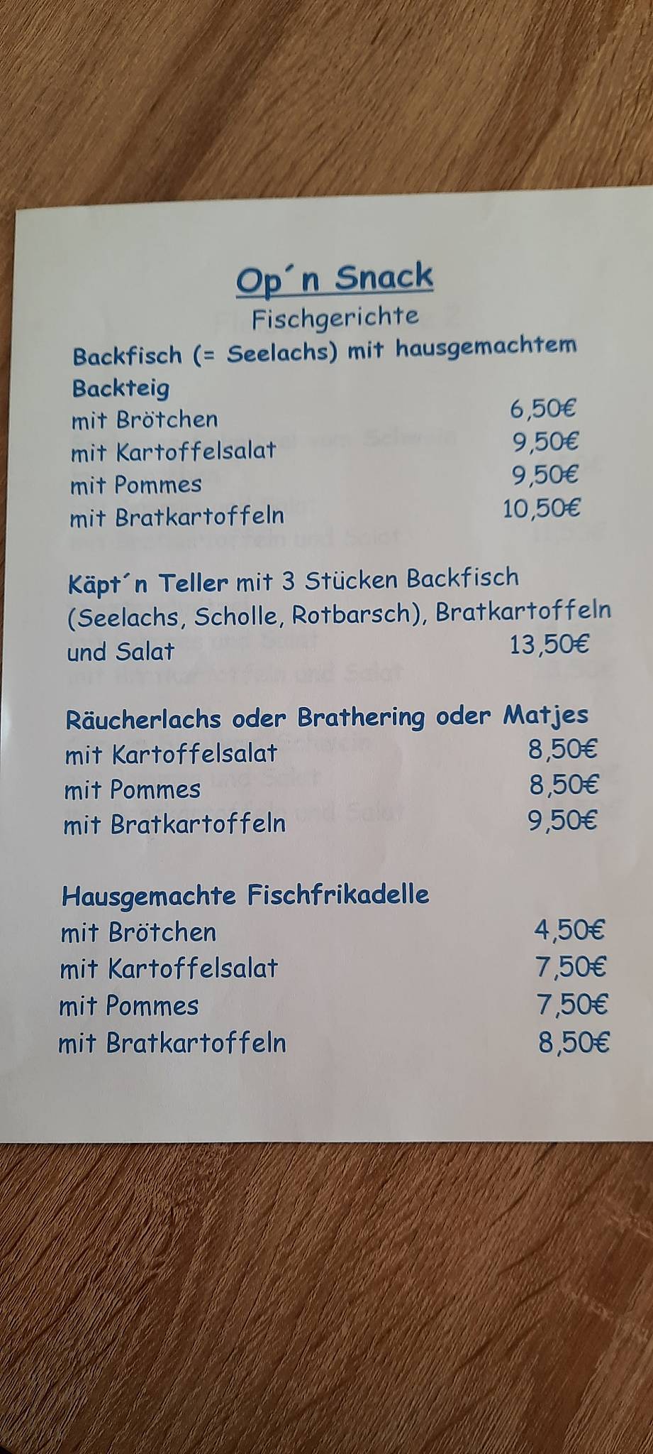 Speisekarte von Op'n Snack, Heike Schmitt pub & Bar, Nordstrand