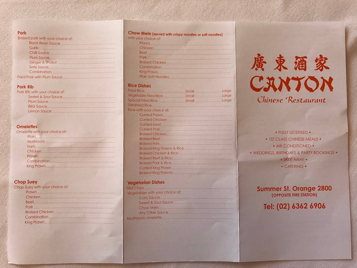 Menu at Canton Chinese Restaurant, Orange