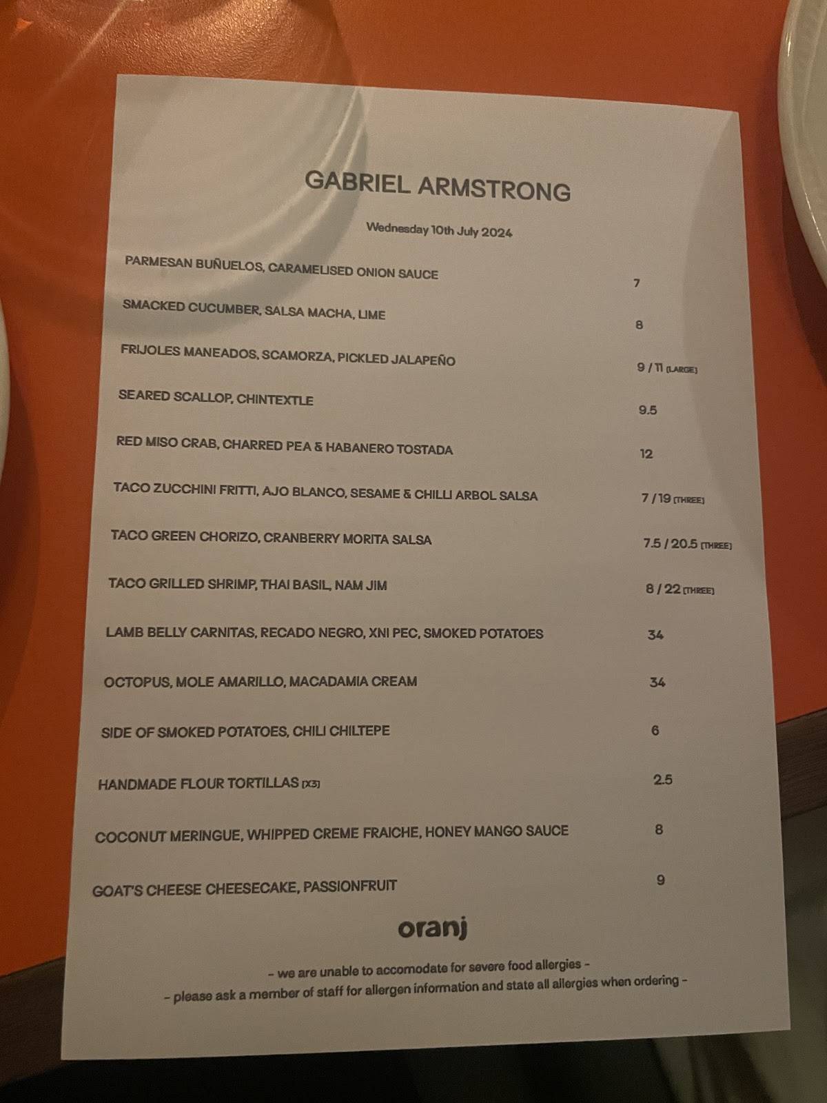 Menu at Oranj pub & bar, London