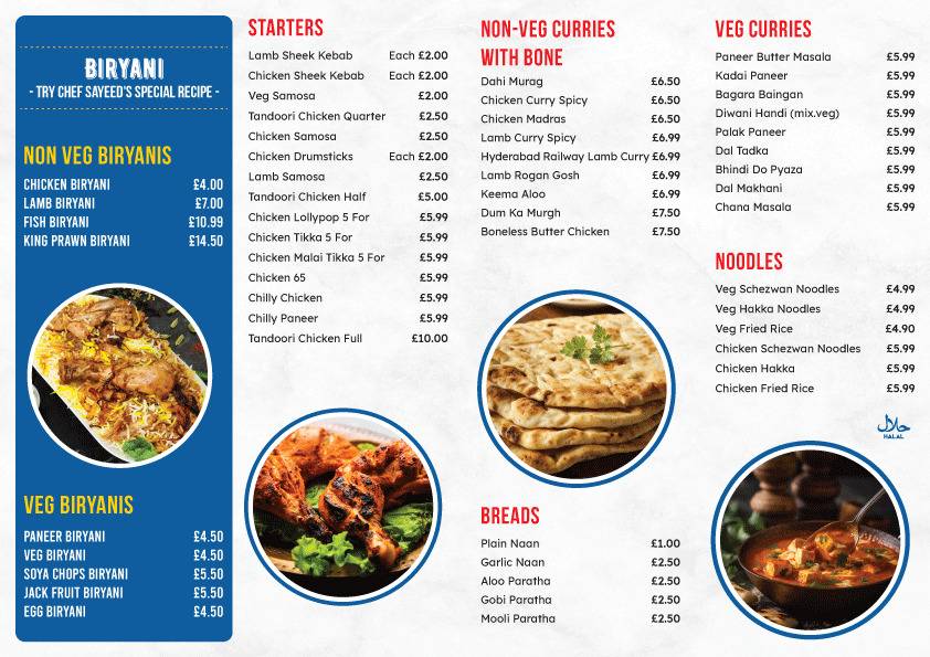 Menu at Original Biryaniwala restaurant, Wembley