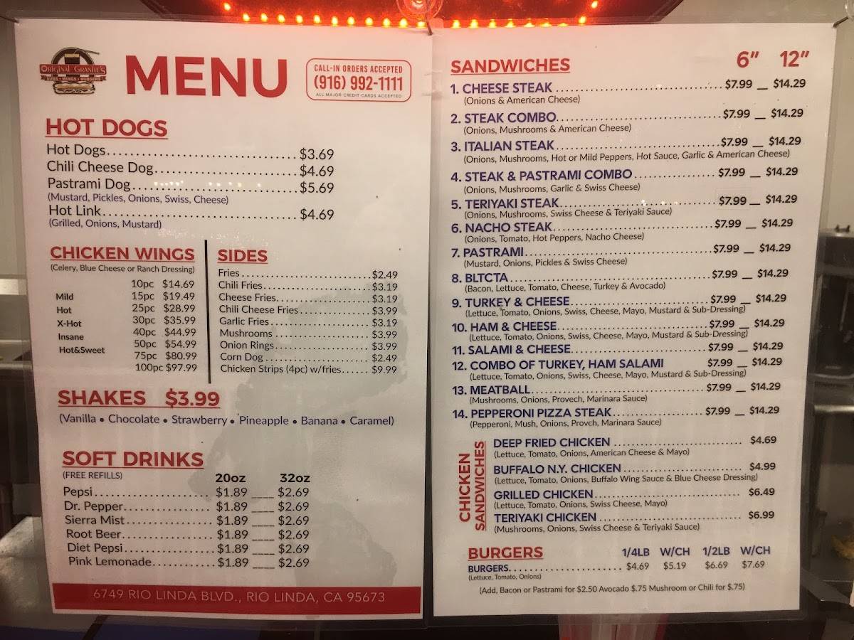 Menu at Original Granite restaurant, Rio Linda