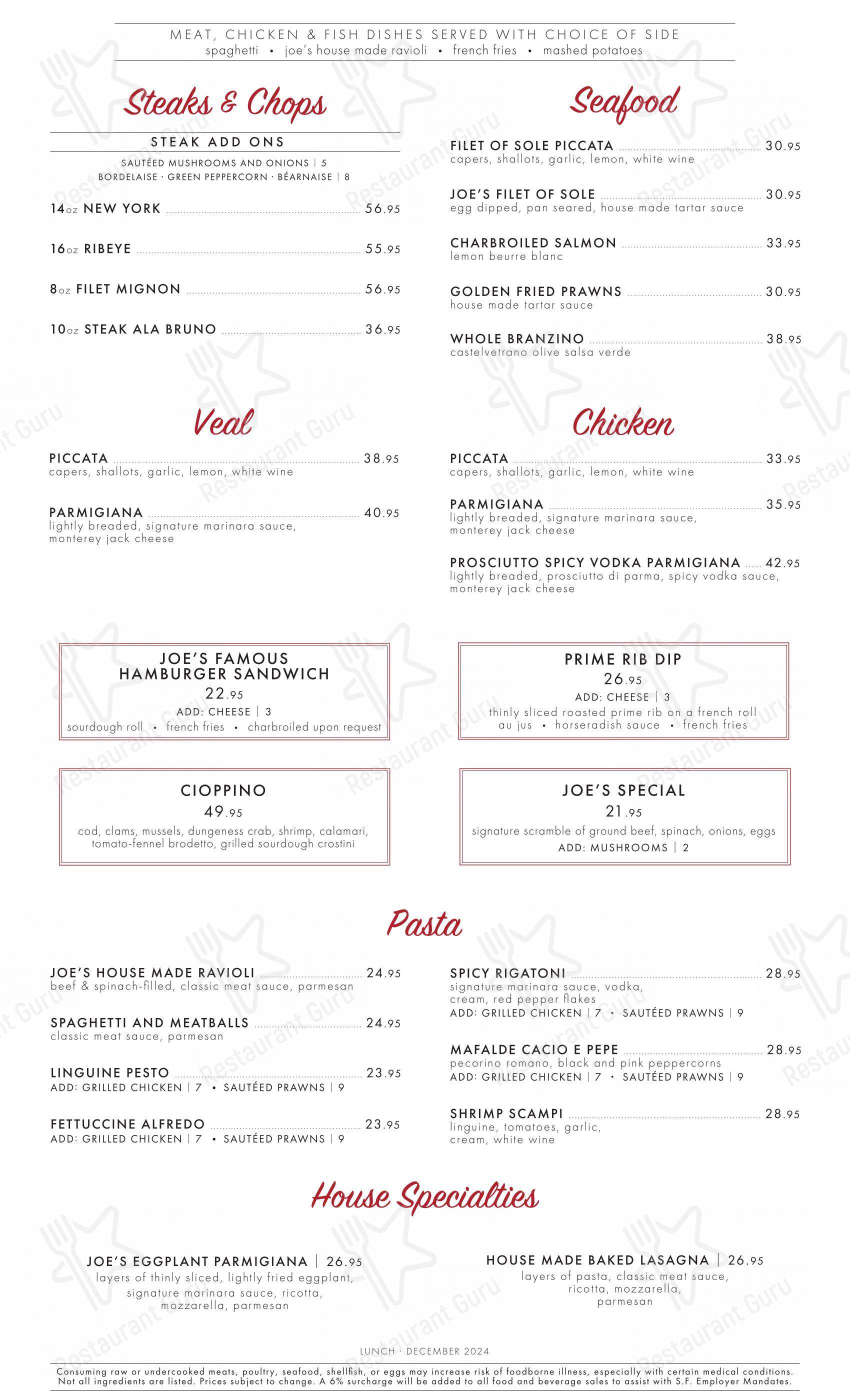 Menu at Original Joe's steakhouse, San Francisco, 601 Union St
