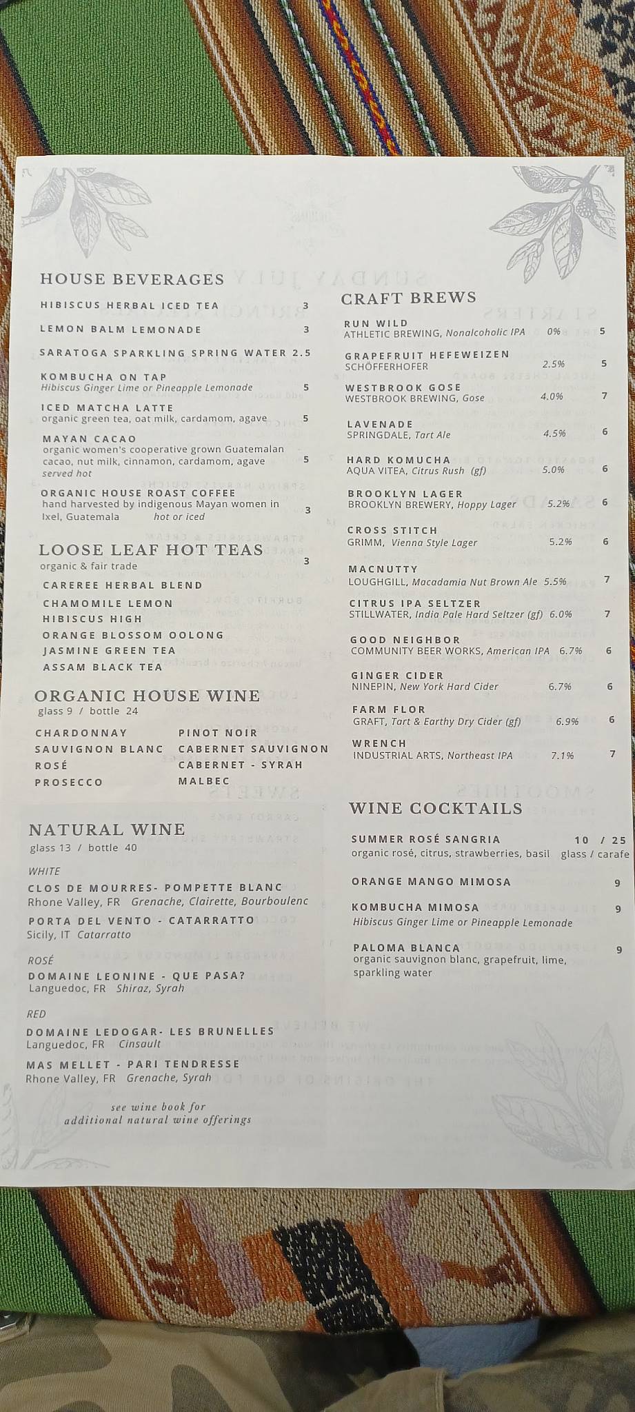 Menu at Origins Cafe, Cooperstown