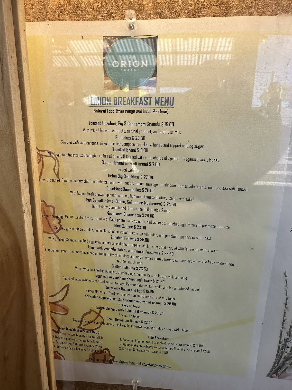 Menu at Orion Cafe, Yanchep