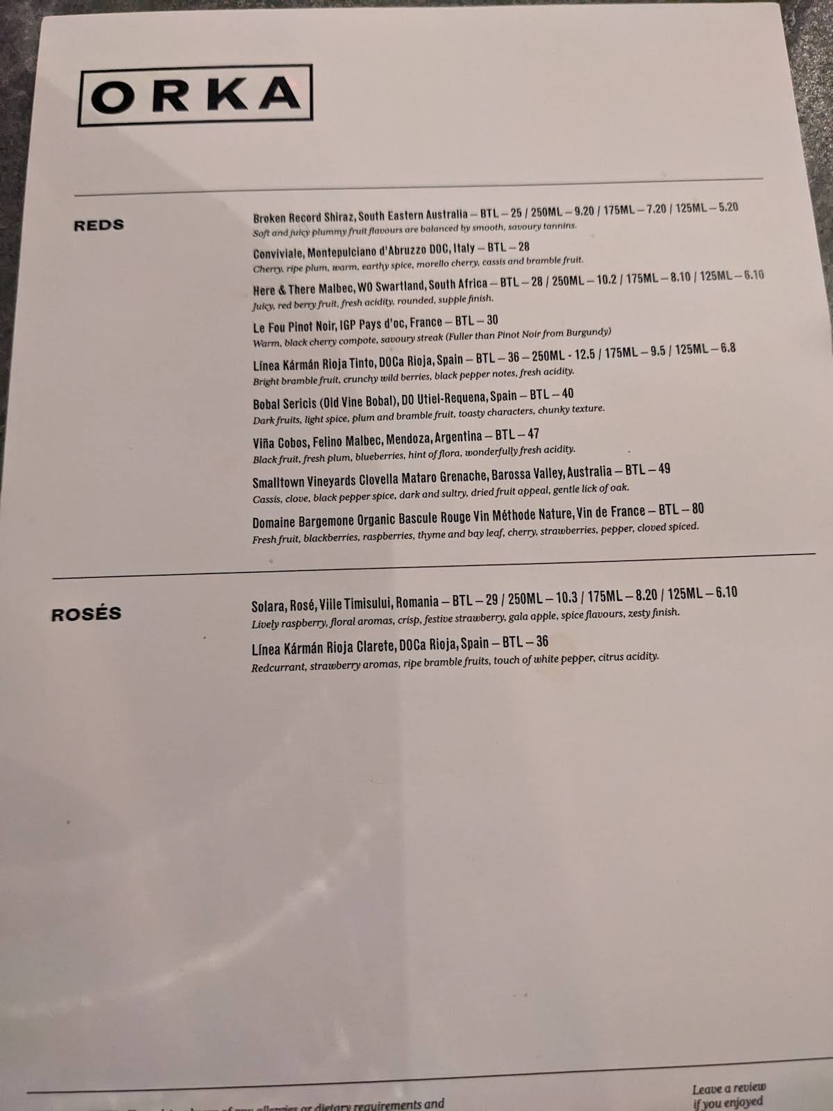 Menu at Orka restaurant, Swansea