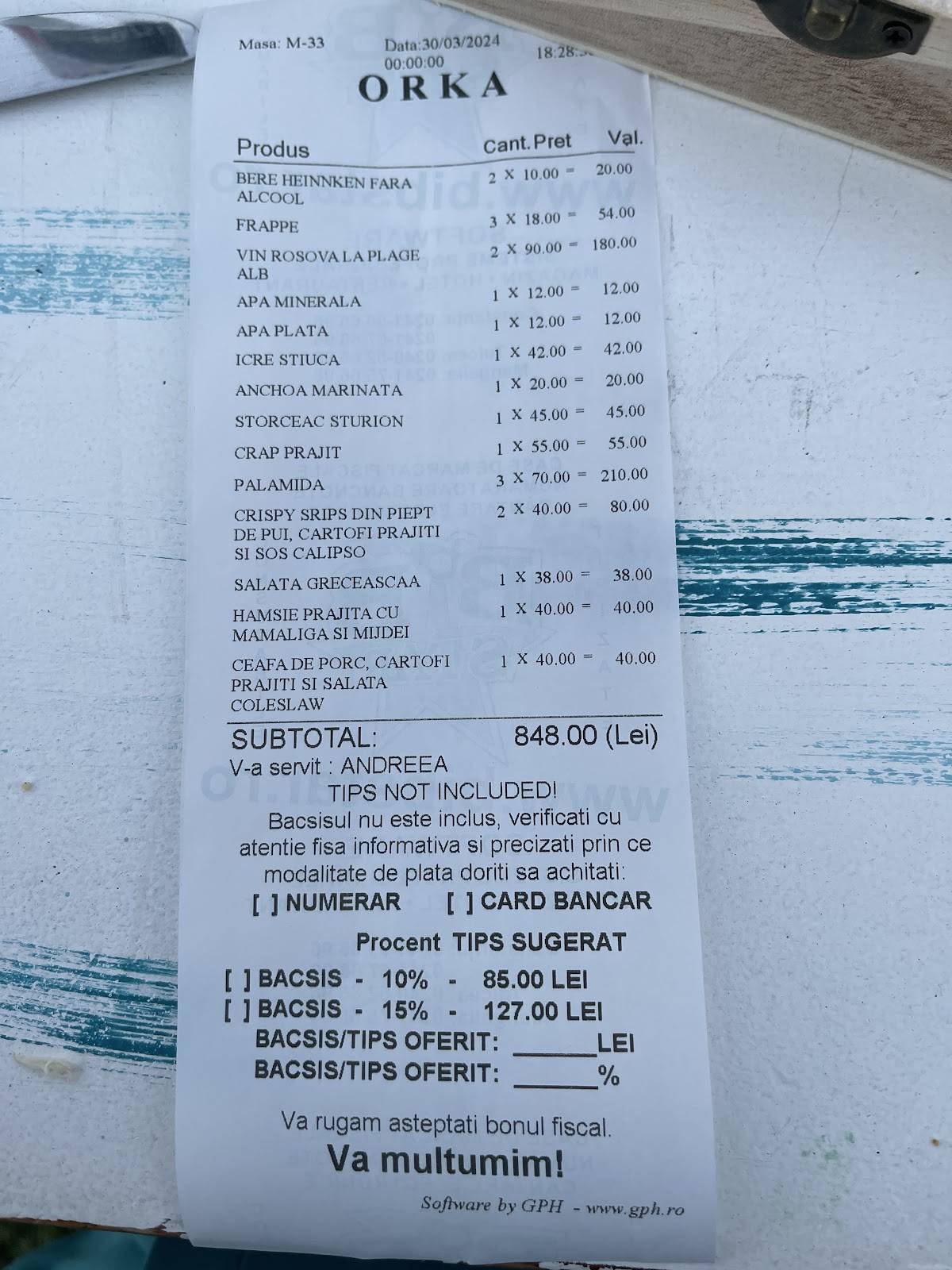 Menu at Orka, Jurilovca