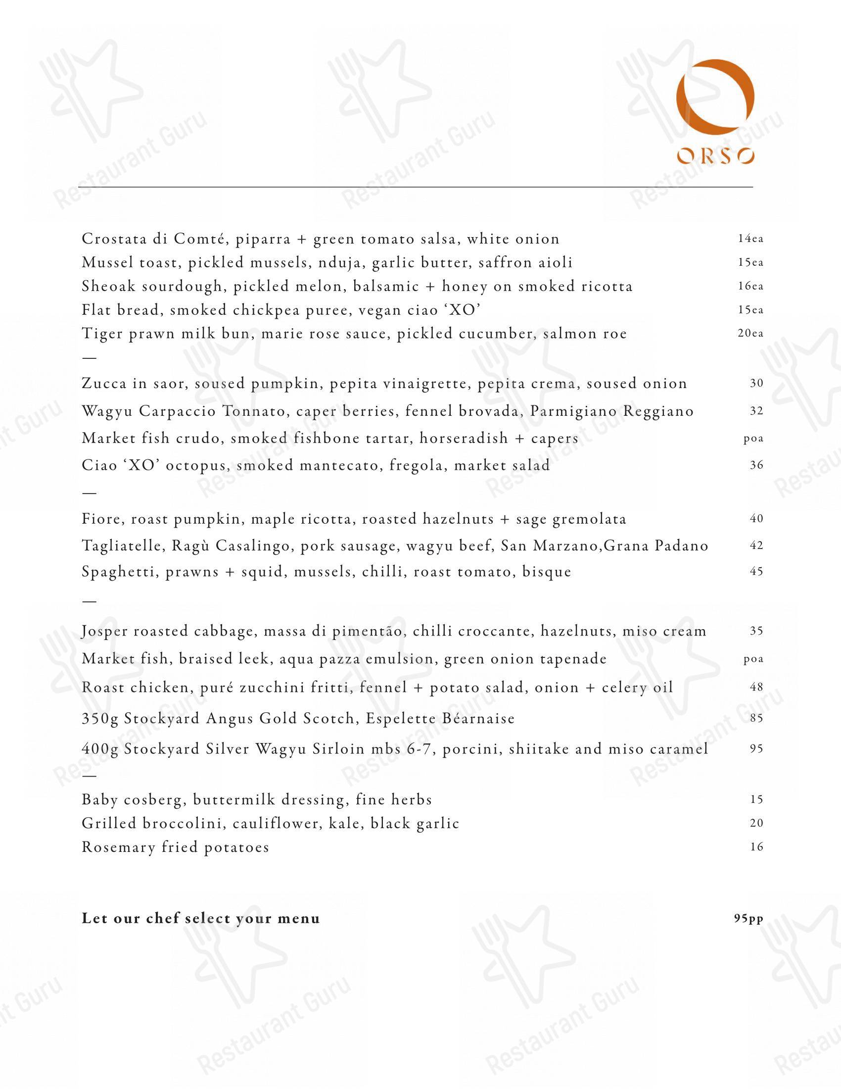 Menu at Orso restaurant, Rose Park