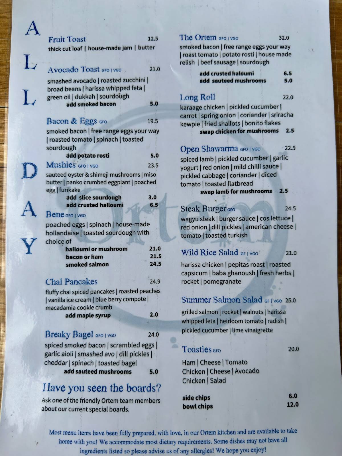 Menu at Ortem restaurant, Toowoomba City