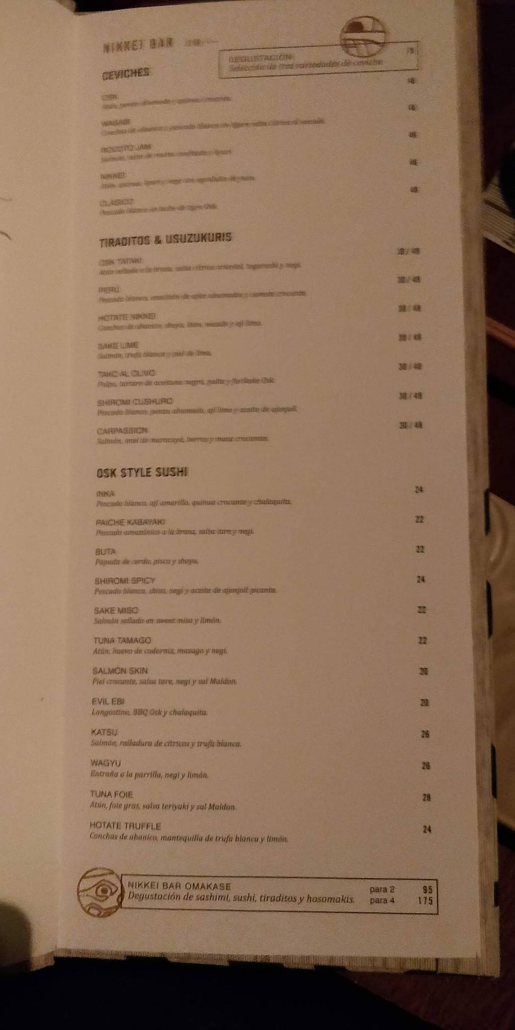 Carta del restaurante Osaka, San Isidro, Felipe