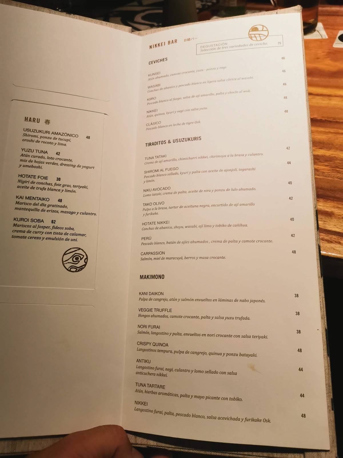 Carta del restaurante Osaka, San Isidro, Felipe