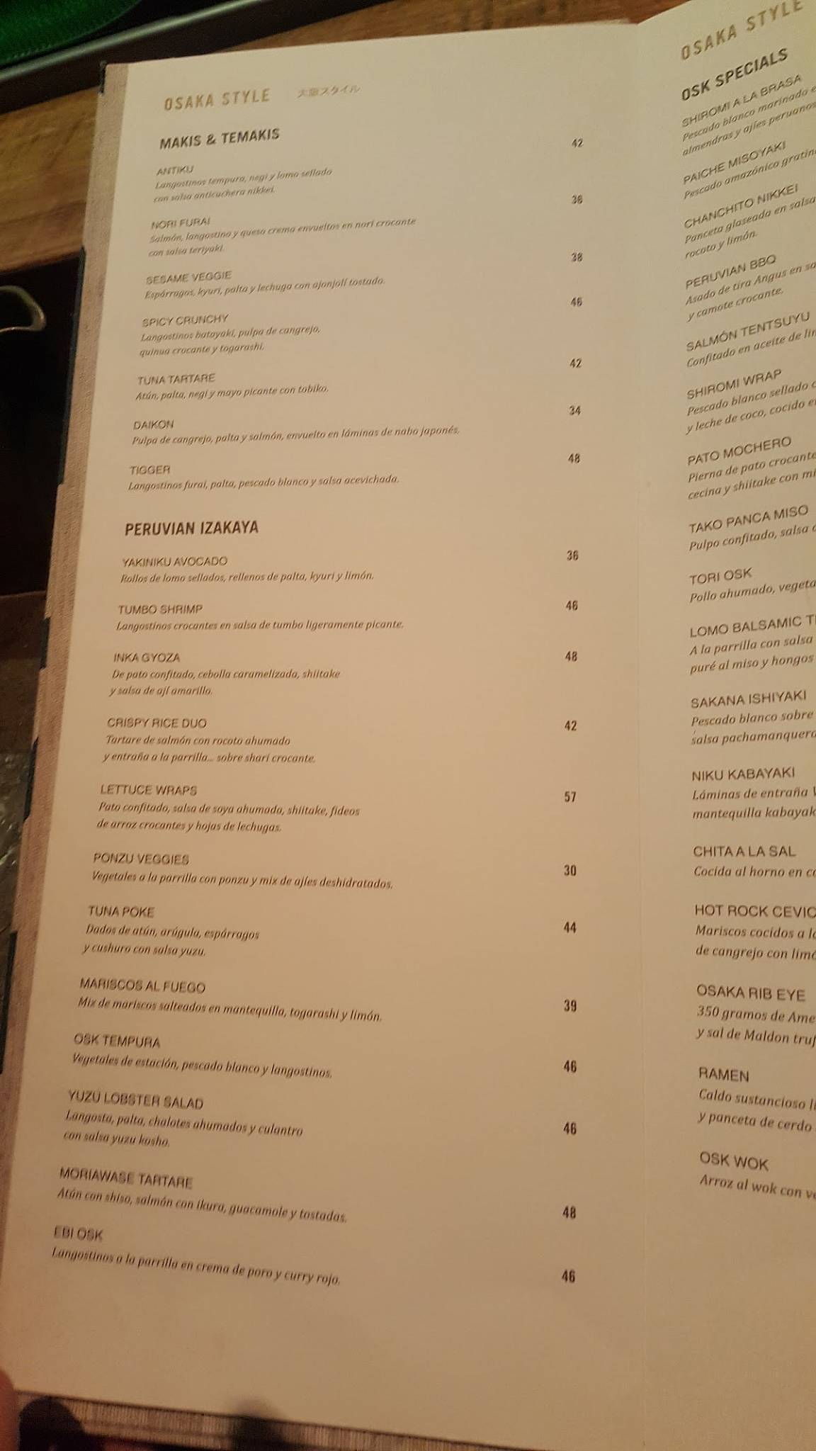Carta del restaurante Osaka, San Isidro, Felipe