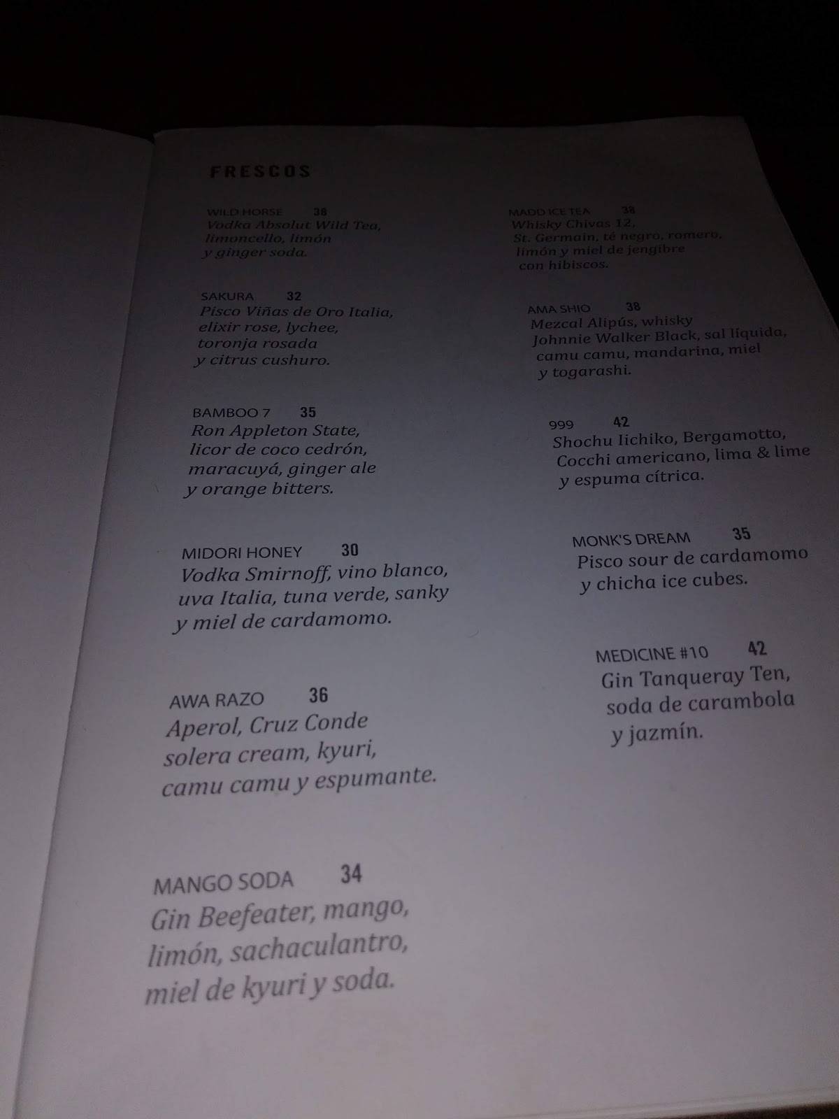 Carta del restaurante Osaka, San Isidro, Felipe