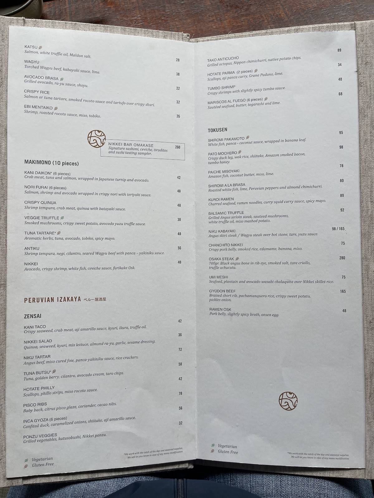 Carta del restaurante Osaka, San Isidro, Felipe