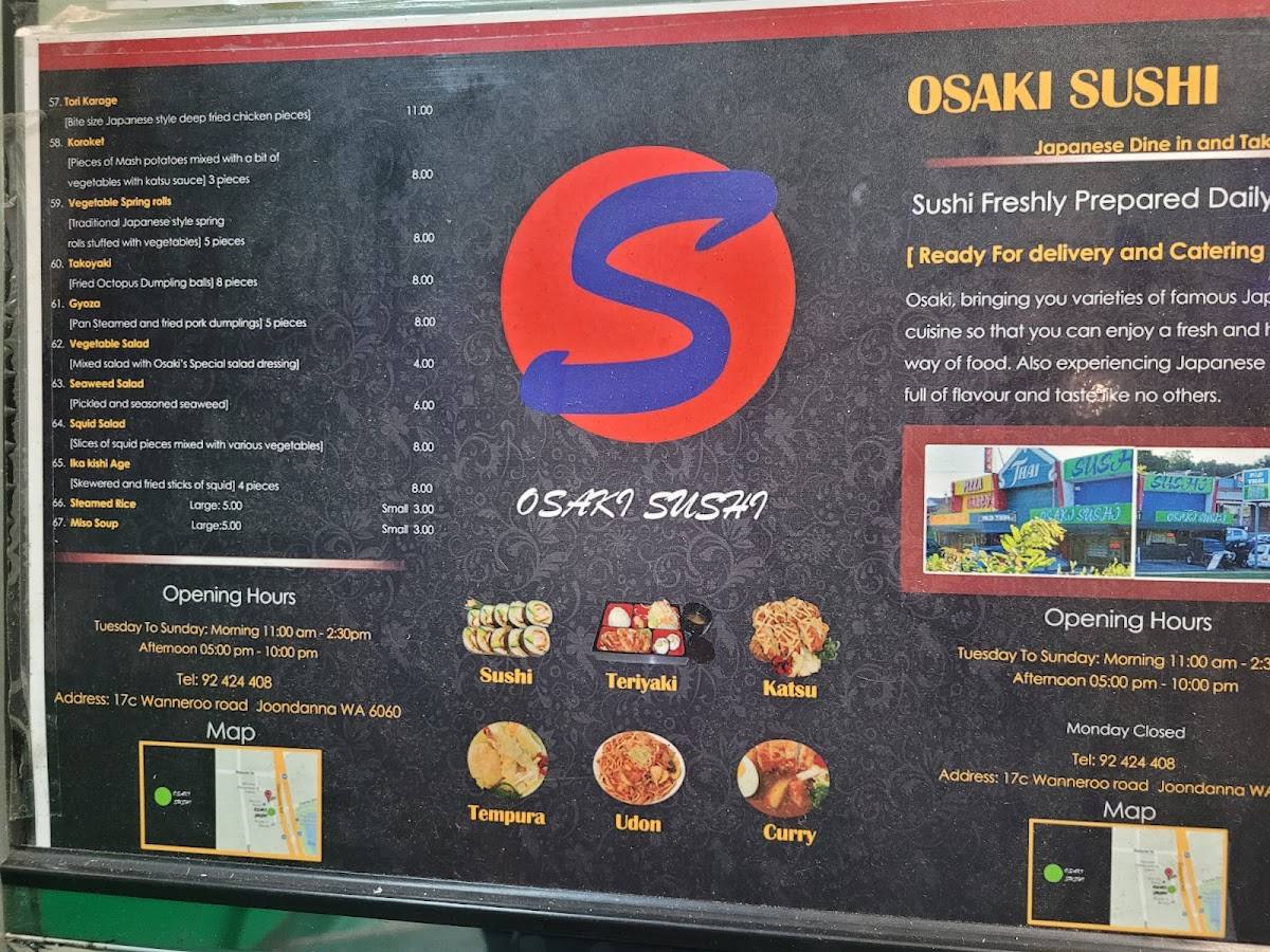 Menu at Osaki Sushi restaurant, Joondanna