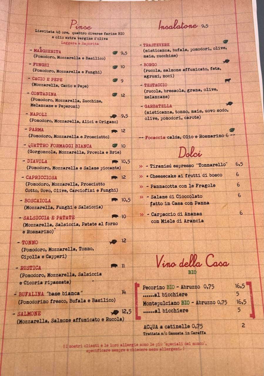 Menu at Nannarella restaurant, Rome