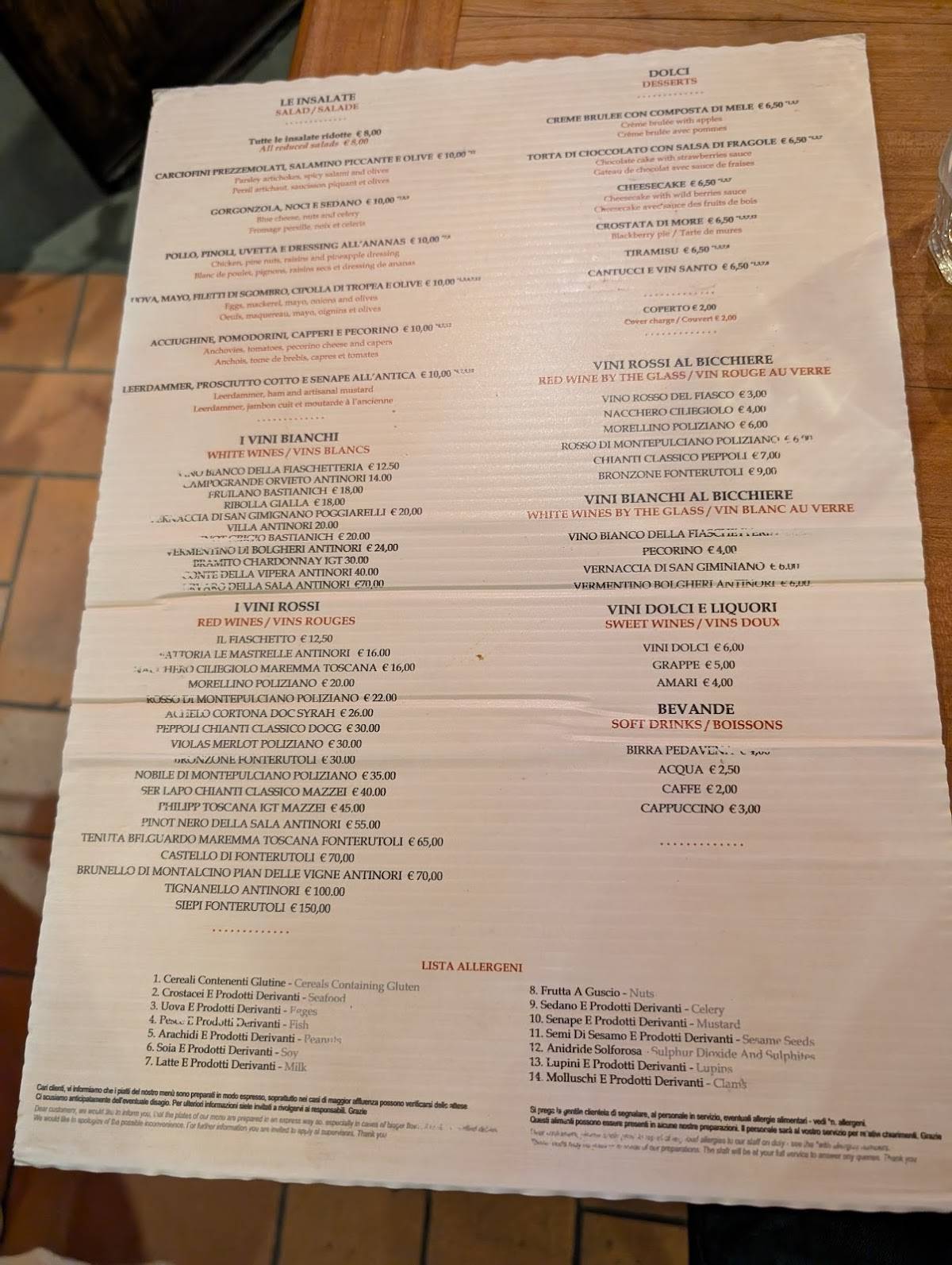 Menu at Osteria Santo Spirito restaurant, Florence, Piazza Santo Spirito
