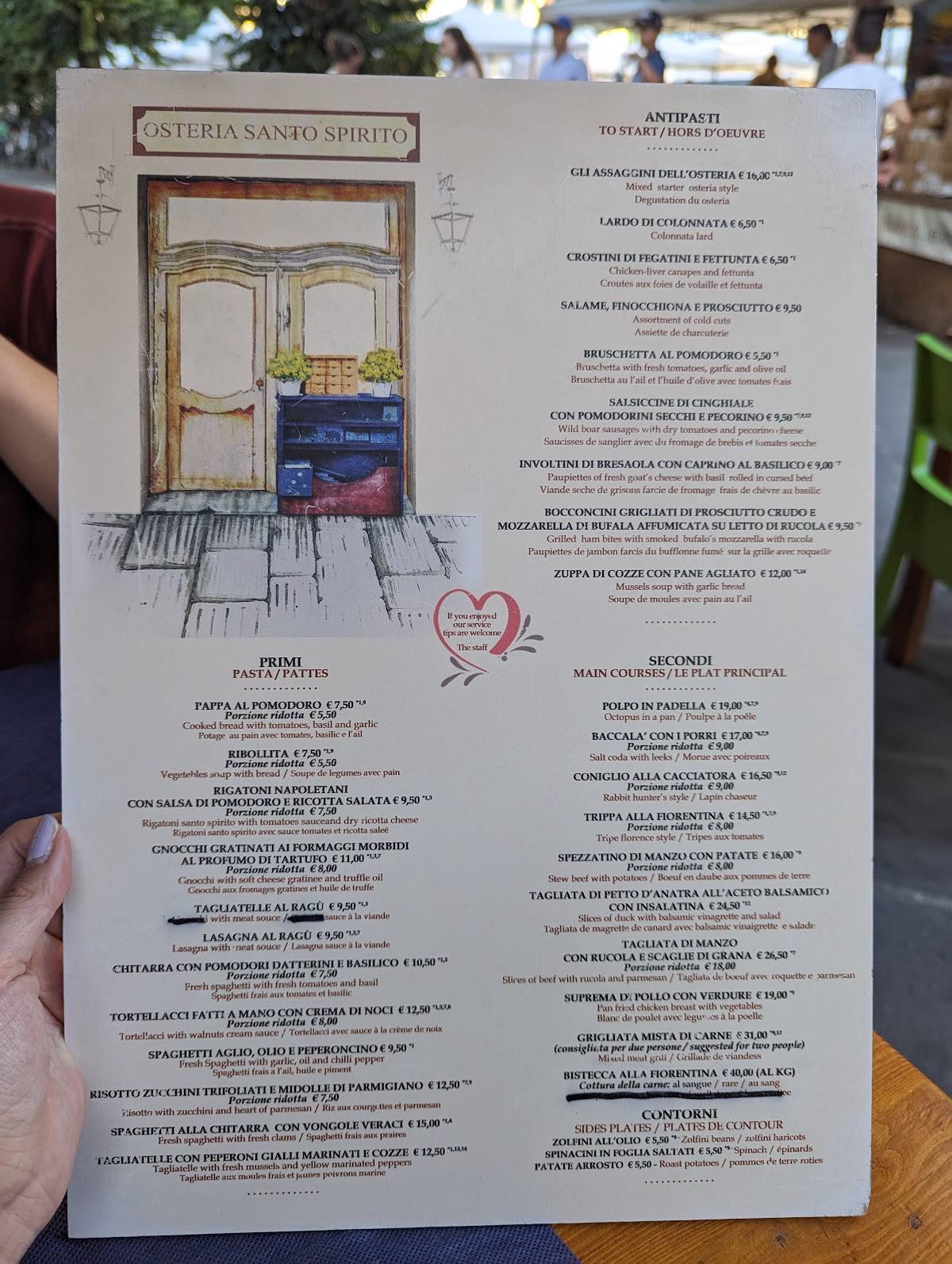 Menu at Osteria Santo Spirito restaurant, Florence, Piazza Santo Spirito